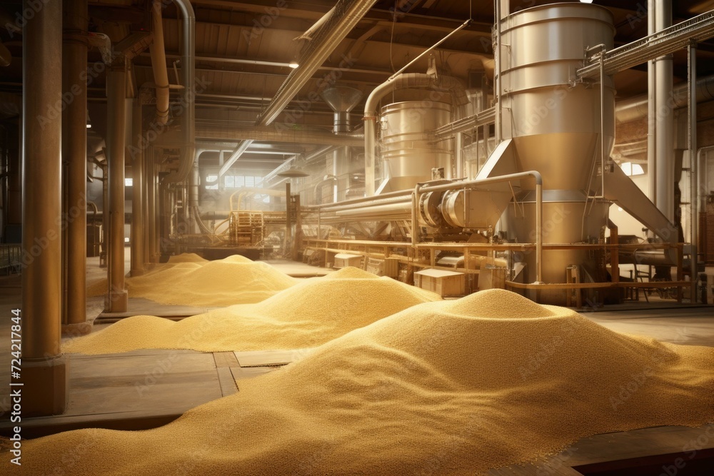 A massive grain processing plant with gears turning, refining grains ...