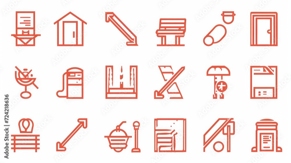 Way Finding Outline Icon Set Arrows Staircase Exit Elevator Cafeteria Buffet Wardrobe