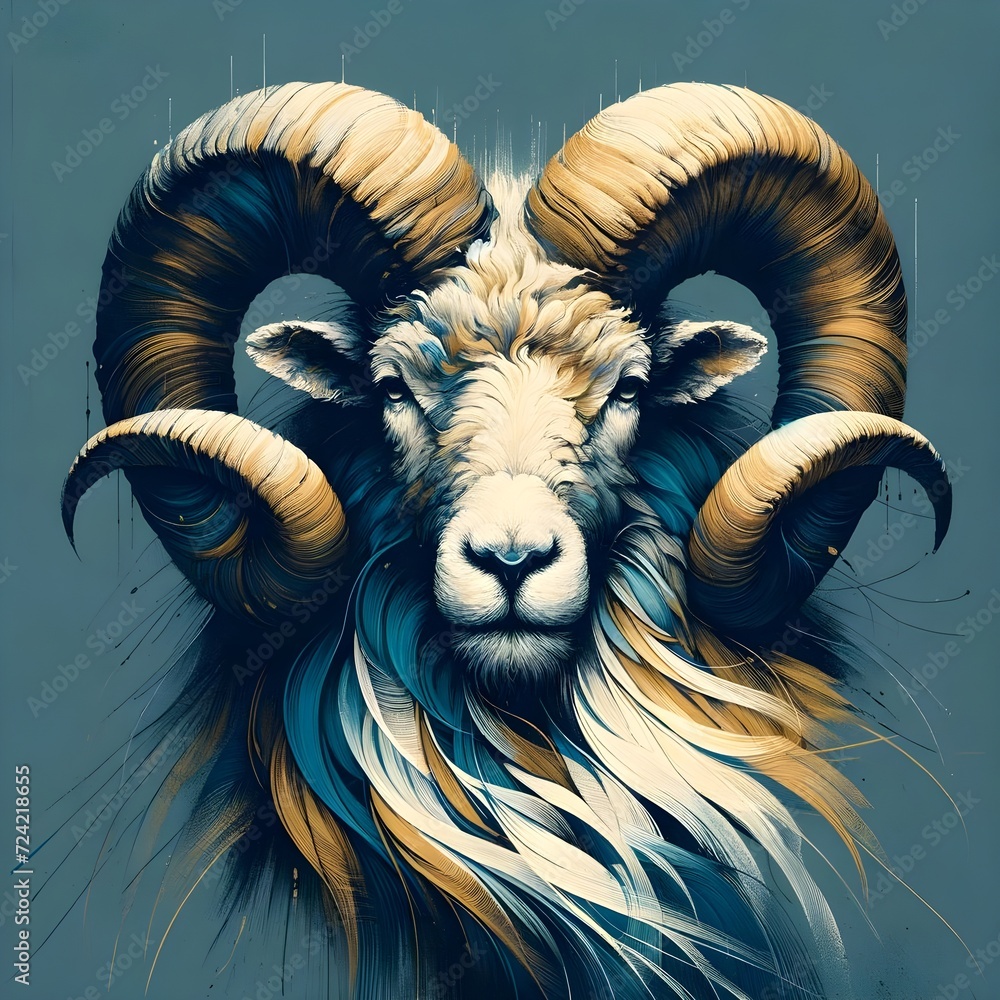 The image features a highly detailed, stylized portrait of a bighorn ...