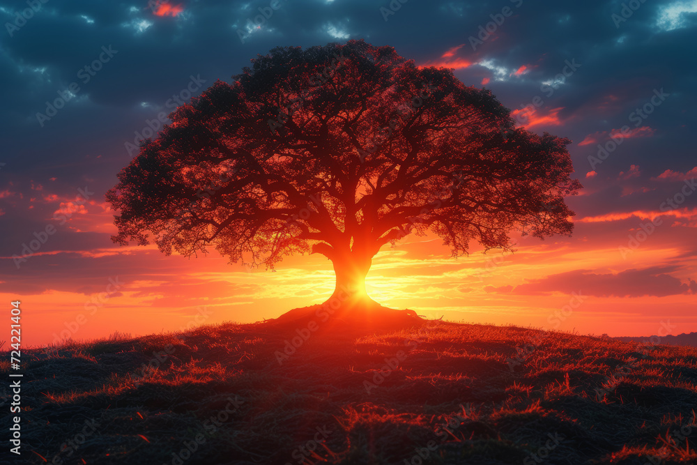 A solitary tree standing tall against a fiery sunset, symbolizing ...