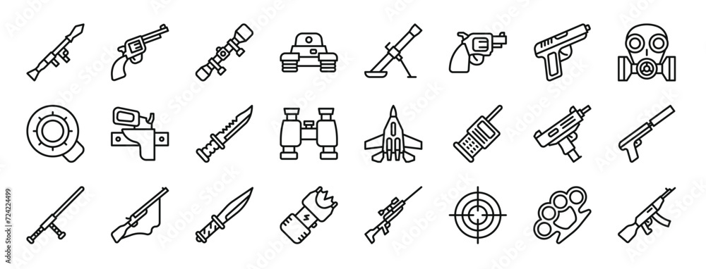 Vetor de set of 24 outline web weapons and amunition icons such as grenade launcher, revolver ...