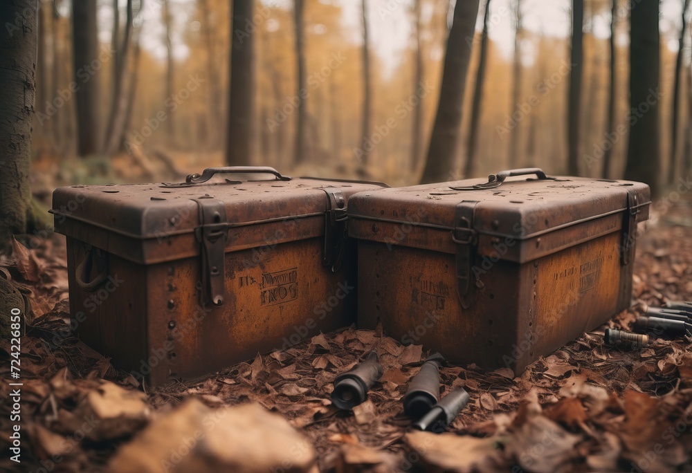 Wooden military crates for weapons and ammunition laid in the forest ...