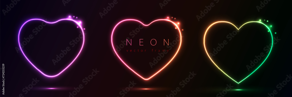 Set of glowing neon color heart shape with wavy dynamic lines on black ...