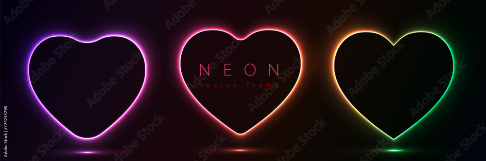 Set of glowing neon color heart shape with wavy dynamic lines on black ...