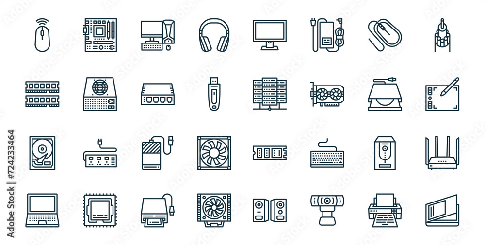 computer hardware line icons. linear set. quality vector line set such as scanner, webcam ...