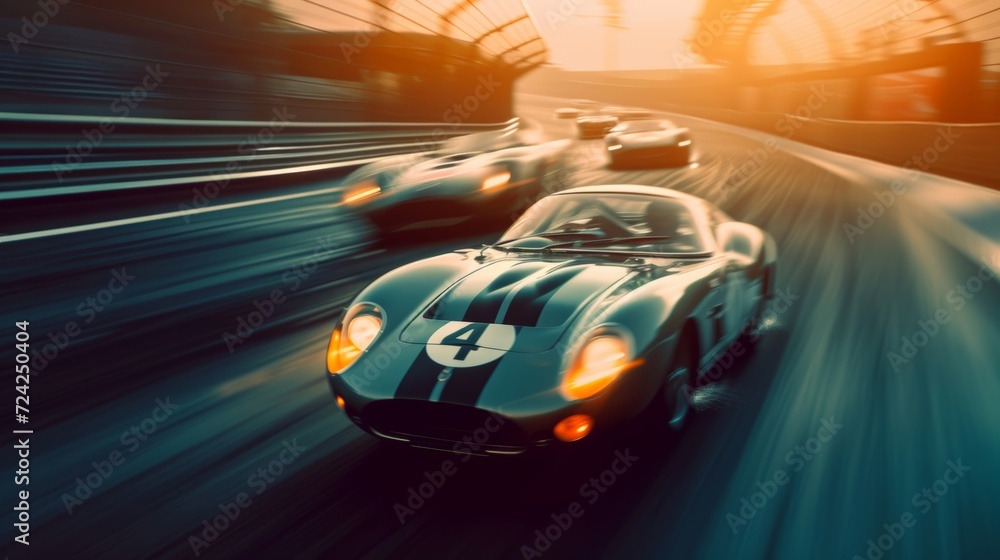 A fleet of sleek sports cars expertly navigate the winding track, their ...