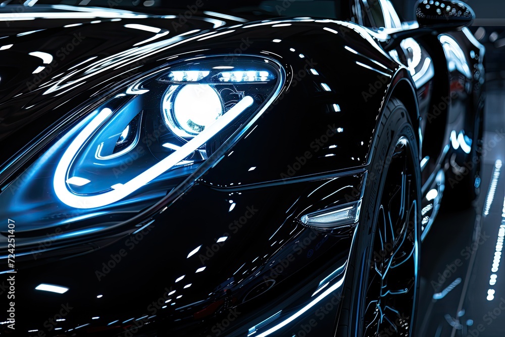 One LED headlight super car on black background with space on right for ...