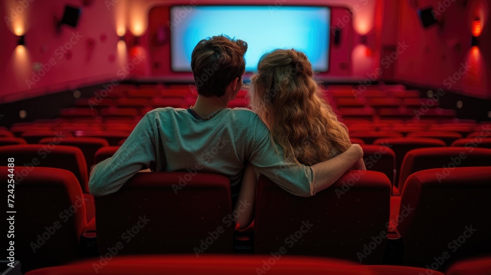 Couple in love watching movie in cinema. Back view of man and woman ...