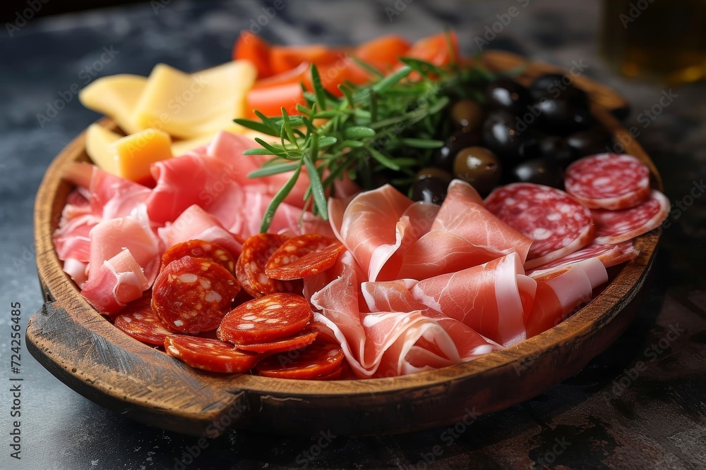 Indulge in a mouthwatering display of cured meats and rich cheeses ...