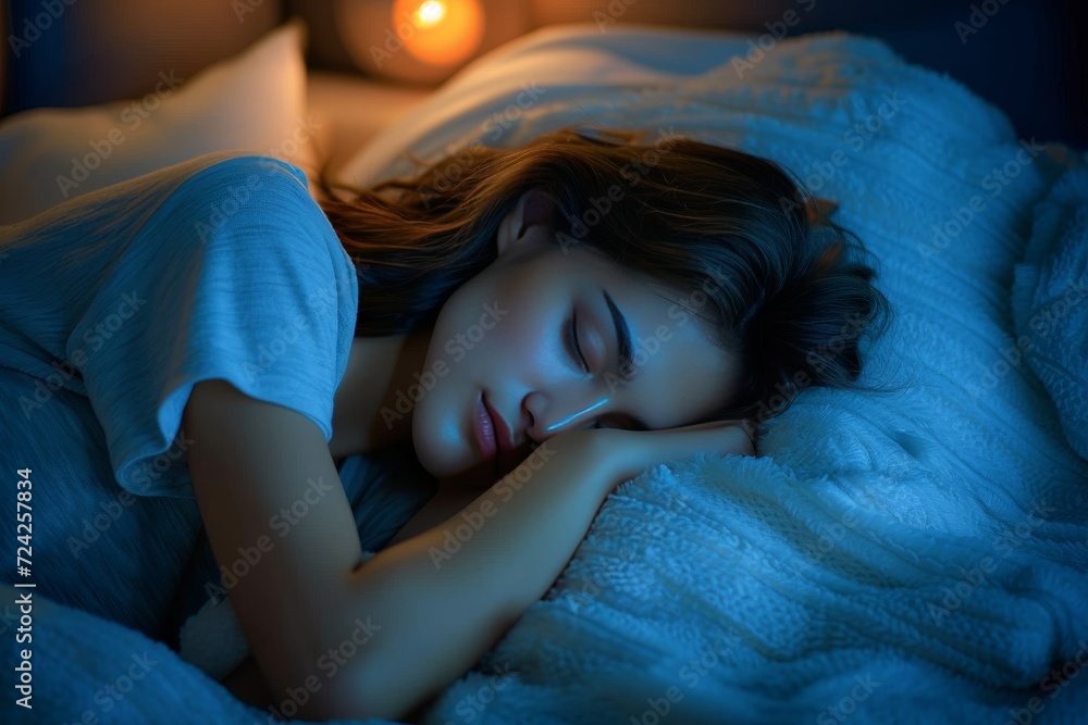 A peaceful slumber, wrapped in warmth and comfort, as a woman lays in ...