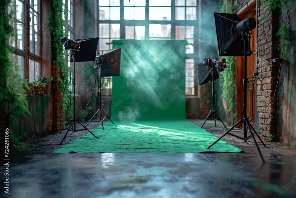 A photography studio setup with green color gels, producing a natural ...