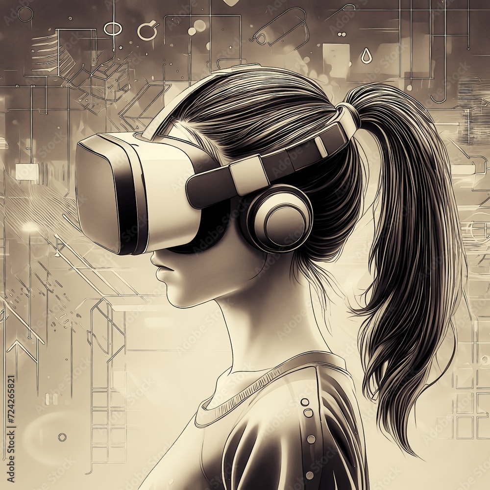 Girl VR Headset Virtual World virtual reality simulator. A girl in a ...