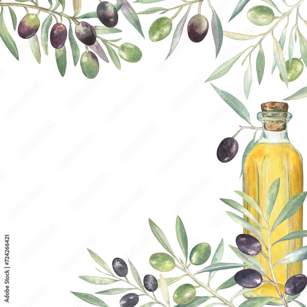 Olive tree branches and a bottle of the olive oil watercolor ...