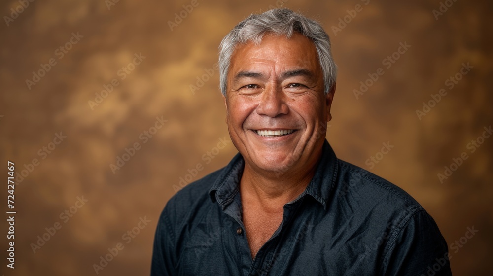 handsome over 60 years old hispanic man, smiling in front of a golden ...