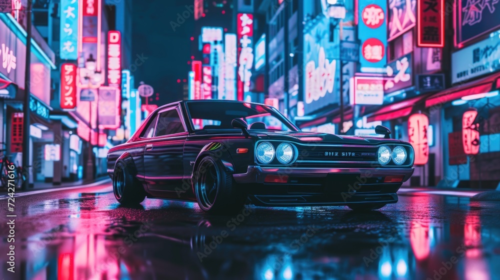 Japanese car with tuning. Against the background of neon signs of the ...