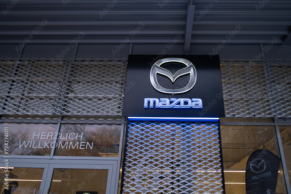 Advertising banners Mazda, car dealership building, Japanese automobile ...