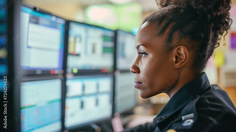 Uniformed female black police officer at a police station, looking at ...
