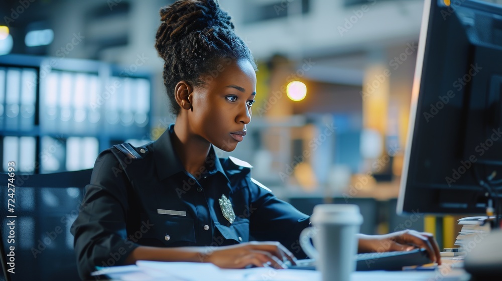 Uniformed female black police officer at a police station, looking at ...