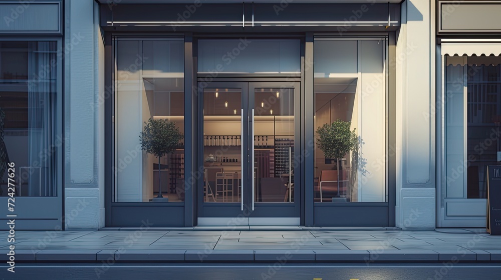 Glass doors to the store. Shop window, light for illuminating the shop ...