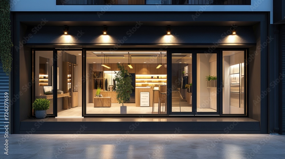 Glass doors to the store. Shop window, light for illuminating the shop ...