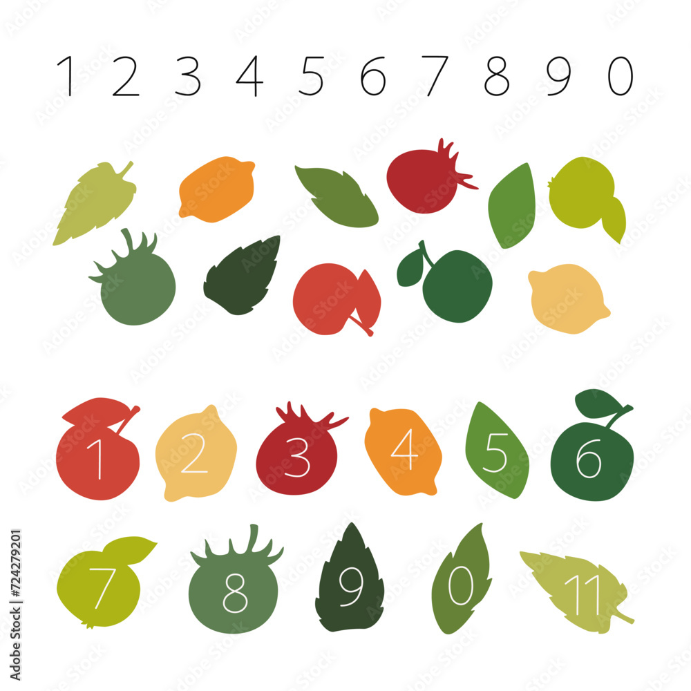 The numbers. Enumeration. Numbering. Plant theme. Fruits, vegetables ...
