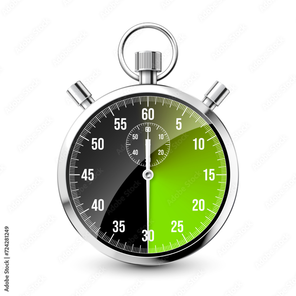 Realistic classic stopwatch. Shiny metal chronometer, time counter with ...
