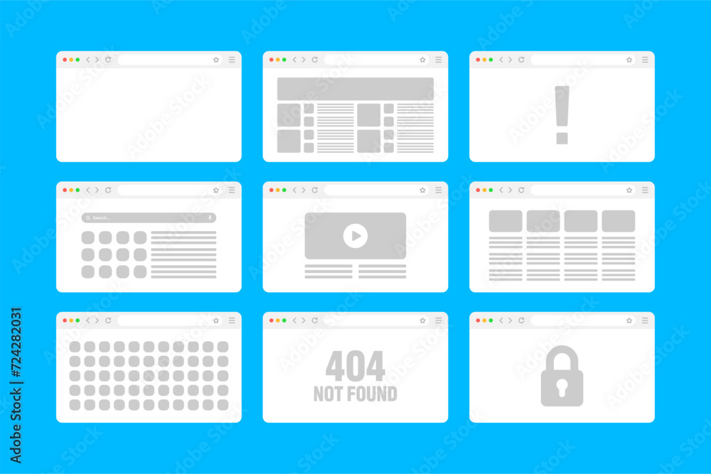 Web browser window, pages layout with toolbar and search field. Modern ...