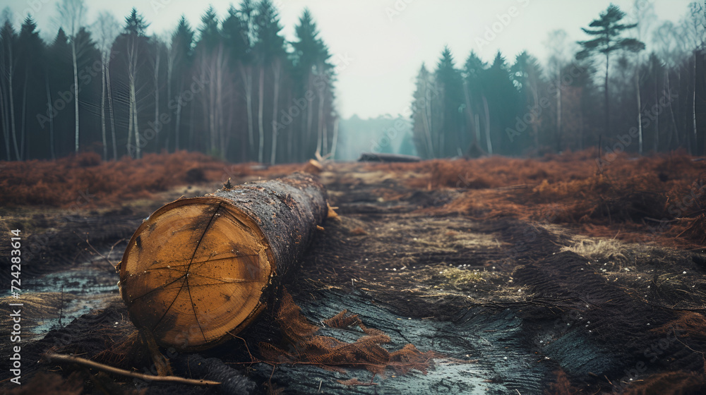 Forestry remains, a lone log foregrounds a barren forest path. The ...