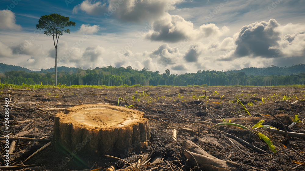 Deforestation scene, one tree remains towering over a barren field. The ...