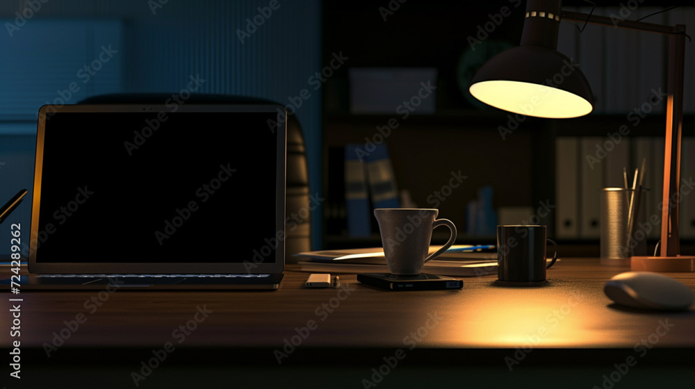 Desk background with blank computer screen. Workspace with mockup blank ...