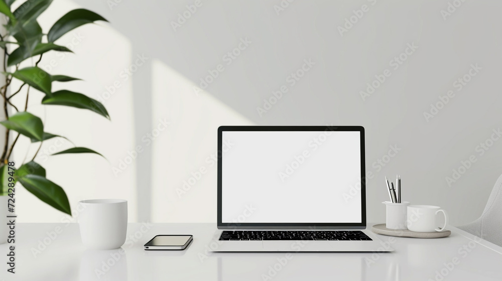 Desk background with blank computer screen. Workspace with mockup blank ...