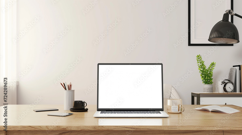 Desk background with blank computer screen. Workspace with mockup blank ...