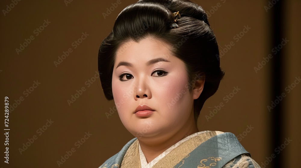 Japanese female sumo wrestler in traditional attire performing martial ...