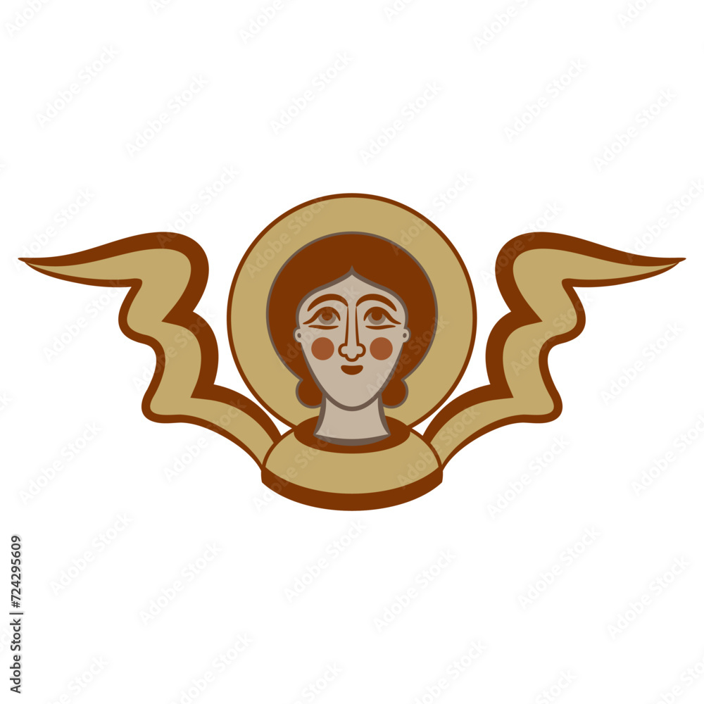 Head of medieval angel or cherub with wings and nimbus. Christian icon ...
