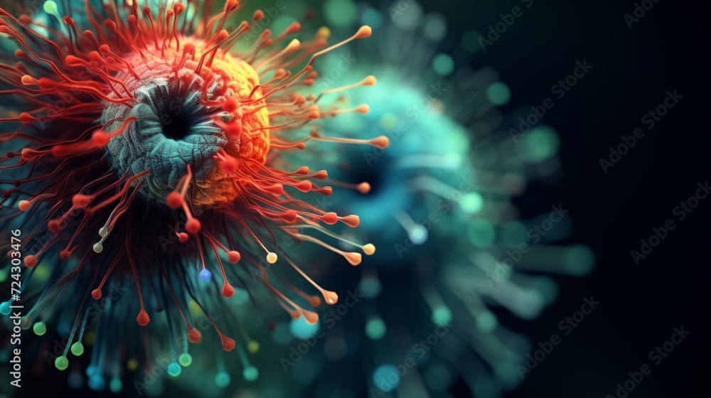 Artistic interpretation of a virus particle with vibrant colors and ...