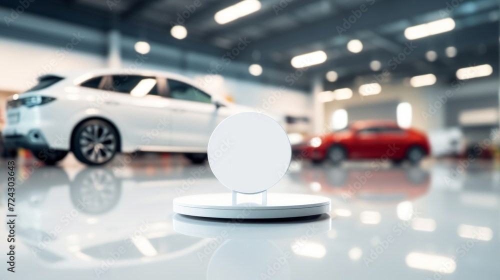 An empty white circular display stand in a car showroom setting ...