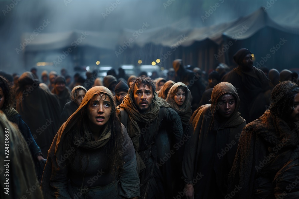 Group of scared refugees at a border, their faces etched with fear as ...