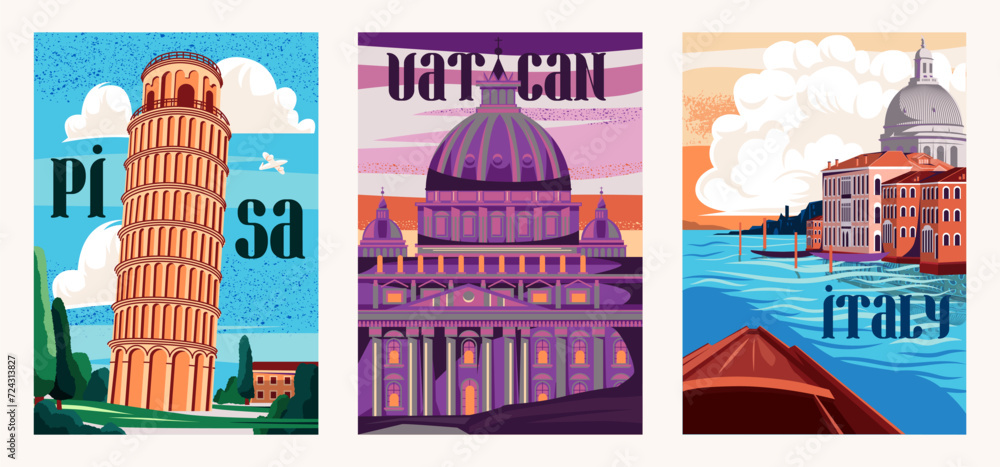 Travel Destination Posters Set. Postcard with Italy tourist attractions ...