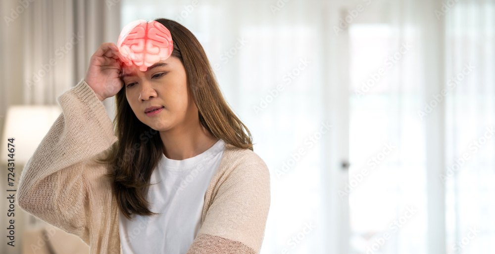 Asian woman holding and touching on head feel suffering head ache pain ...