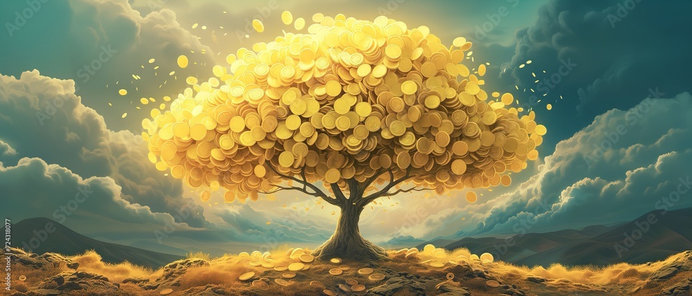 Gold Money tree of good luck and Feng Shui made of golden coins in ...