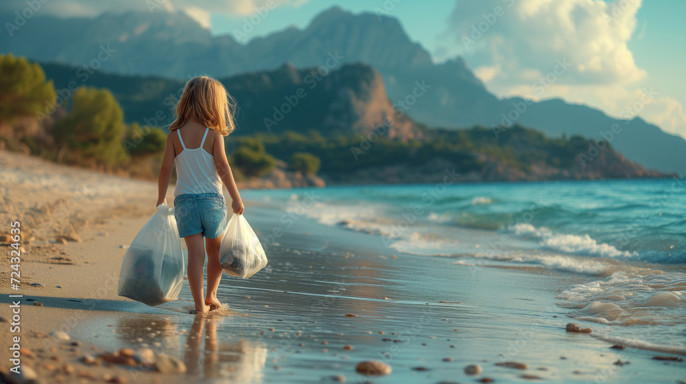 Little girl with a bag of garbage walks along the beach picking up ...