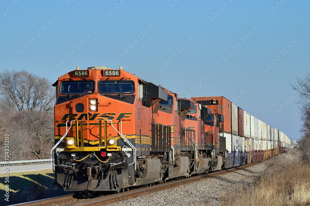 Four Burlington Northern Santa Fe locomotives lead a hotshot intermodal ...