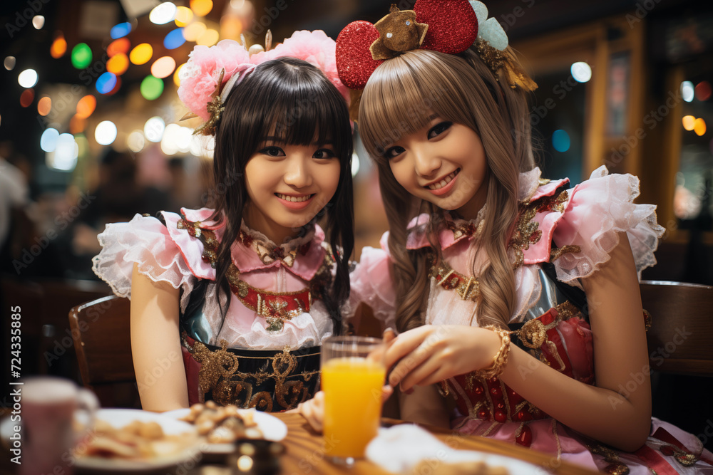 Two joyful maids in elaborate costumes serve with smiles at a lively ...