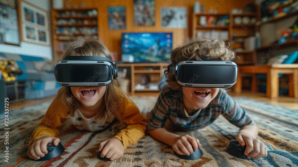 children, completely engrossed in virtual reality headsets, play a VR ...