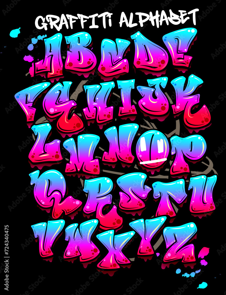 Graffiti alphabet Blue Pink Color Stock Vector | Adobe Stock