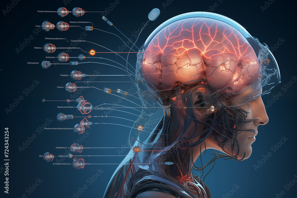 Abstract diagram of a transparent human head with implants for a human ...