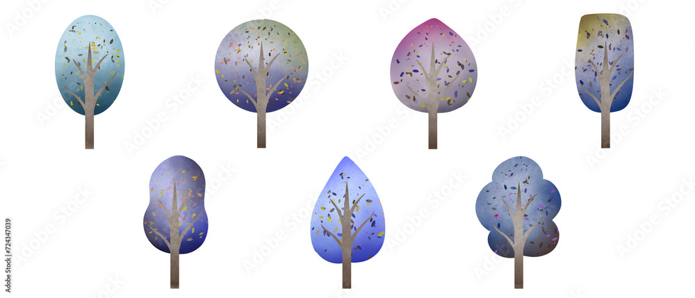 Cute watercolor tree set. A set of watercolor tree in blue color ...