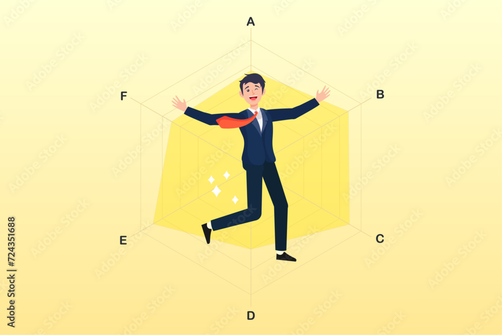 Businessman with score on spider radar chart diagram, evaluation for ...