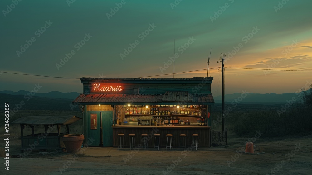Exterior of a rural bar, after sunset, teal and orange color palette ...