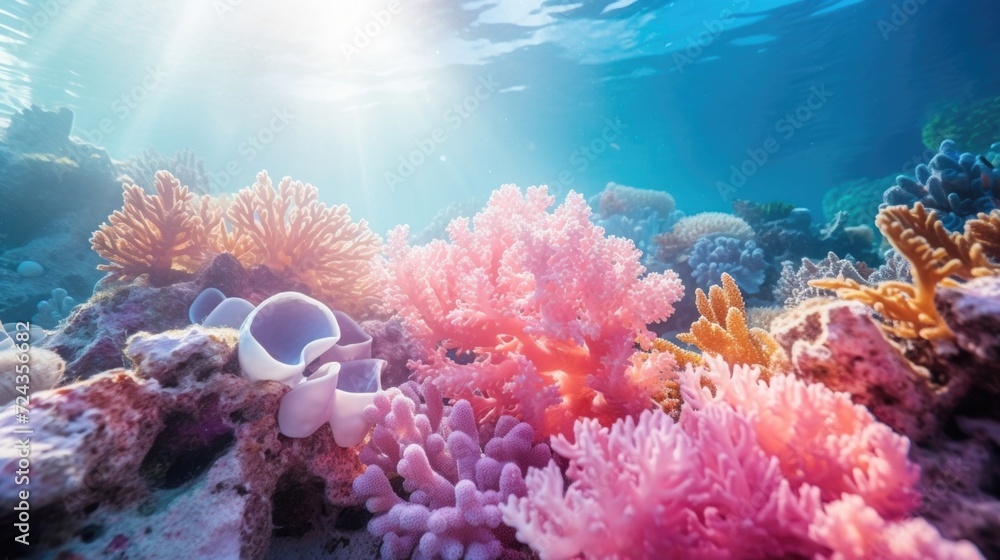 An intimate closeup of a vibrant coral reef, emphasizing the ...